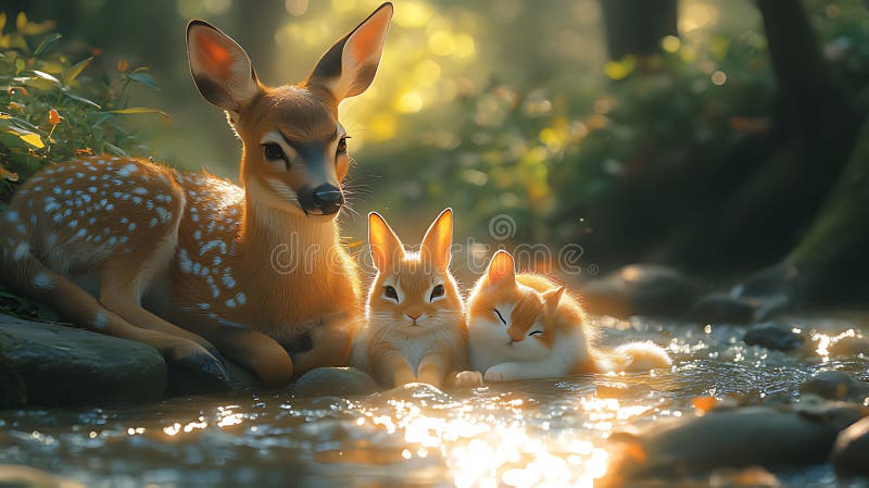 Fawn, Rabbit, Kitten by Stream, Forest Sun, Idyllic Scene Stock ...
