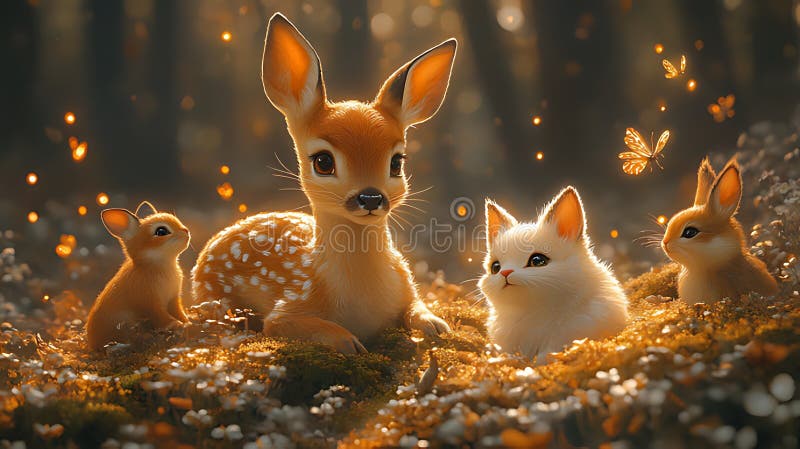 Fawn, Rabbits, Kitten, Forest, Magic, Sunset, Illustration, Children S ...