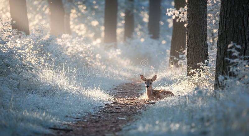 Fawn Resting in Forest with Sunlight Streaming through Trees Stock ...