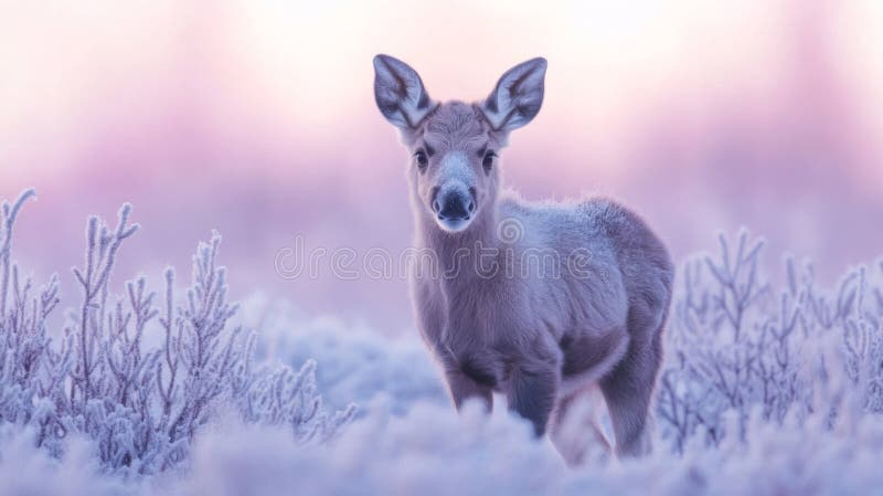 Fawn in Snowy Landscape with Pink Dawn Stock Illustration ...