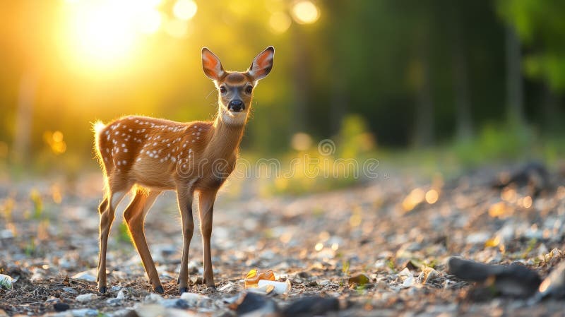 Fawn Standing in Forest at Golden Hour Sunset Stock Illustration ...