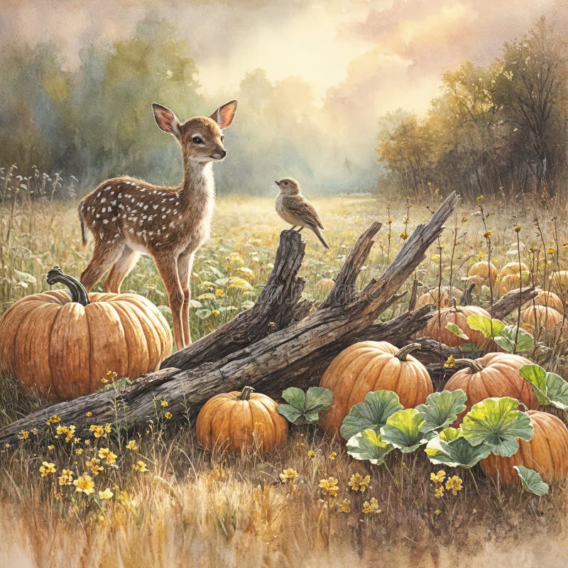 Fawn in Autumn Pumpkin Patch Stock Illustration - Illustration of ...