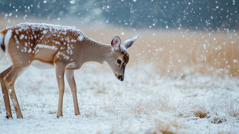 Fawn Standing in the Snow with Falling Snowflakes Stock Illustration ...
