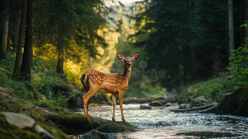 Fawn by the Stream stock illustration. Illustration of rock - 337609631