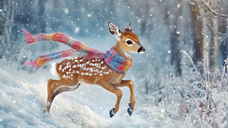 A Fawn Wearing a Scarf Jumps through a Snowy Forest Stock Photo - Image ...