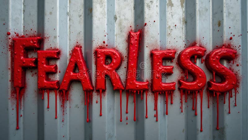 Fearless in Red Paint Dripping on Metal Exuding Power Stock ...