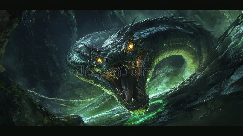 Fearsome Basilisk with Glowing Eyes in Dark Cave Stock Illustration ...