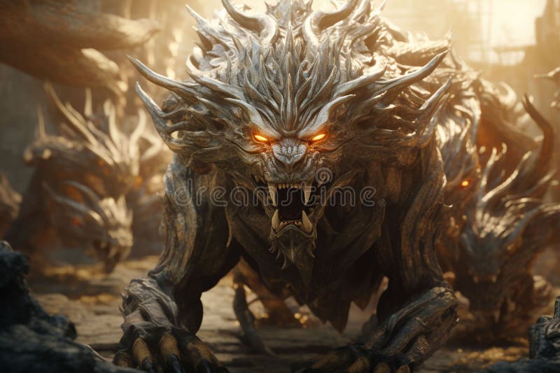 Fearsome Chimera with Multiple Heads Prowling a Stock Illustration ...