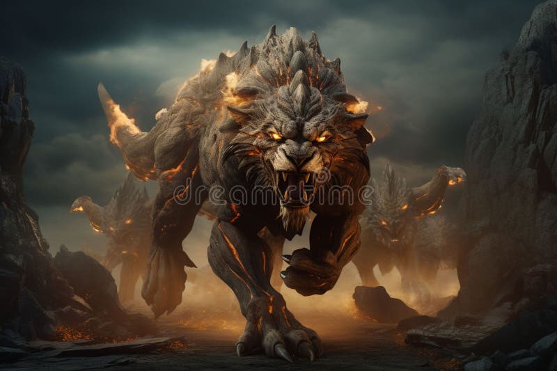 Fearsome Chimera with Multiple Heads Prowling a Stock Illustration ...
