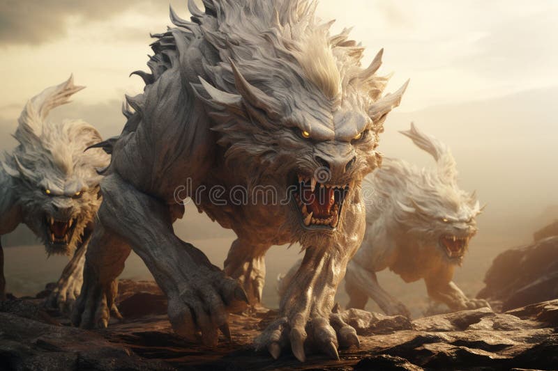 Fearsome Chimera with Multiple Heads Prowling a Stock Illustration ...