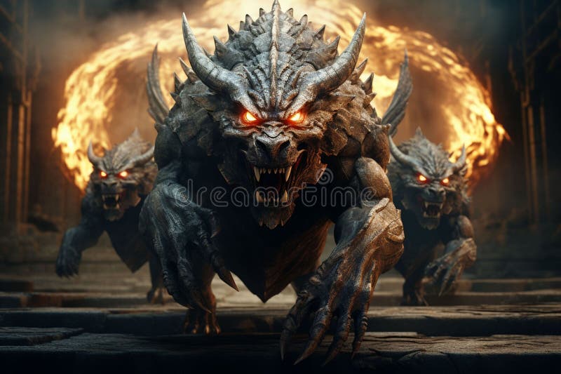 Fearsome Chimera with Multiple Heads Prowling a Stock Illustration ...