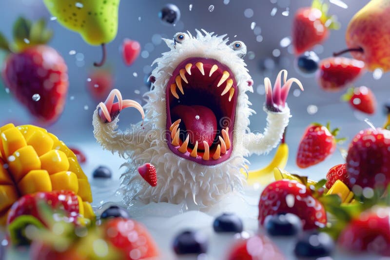 A Fearsome Creature with Its Mouth Agape, Surrounded by Various Fruits ...