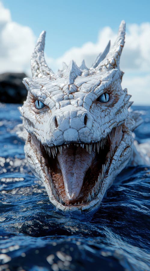 Fearsome Dragon Head Emerging from the Ocean Stock Illustration ...