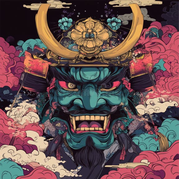 Fearsome Oni Samurai Mask in Vibrant Pixel Art Stock Image - Image of ...