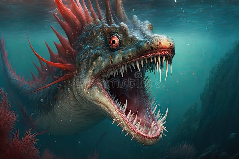 A Fearsome Sea Dragon, with Blazing Red Eyes and Sharp Teeth Stock ...