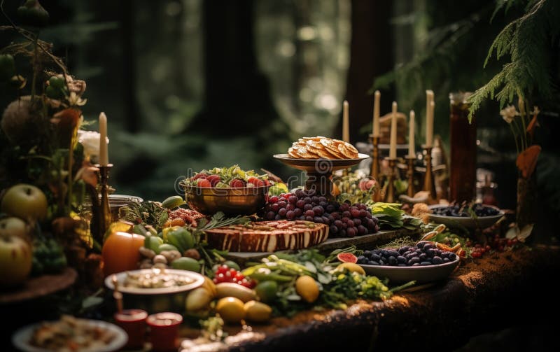 Feast in the Forest, Tables Full of Food at a Forest Feast. Stock ...