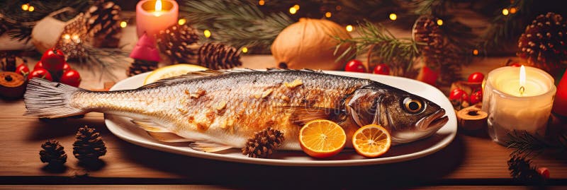 Feast of the Seven Fishes. Fried Fish on a Christmas Background Stock ...
