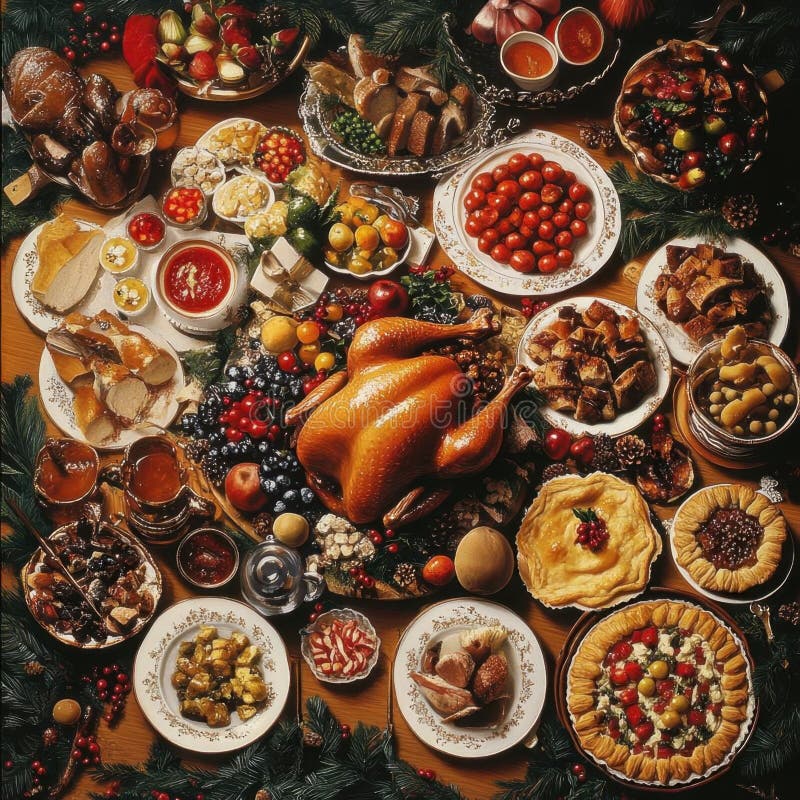 Feasting on a Table Filled with Holiday Delights Stock Illustration ...