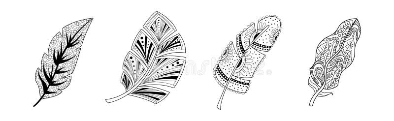 Feather Artistically Drawn Stylized Element Vector Set Stock Vector ...