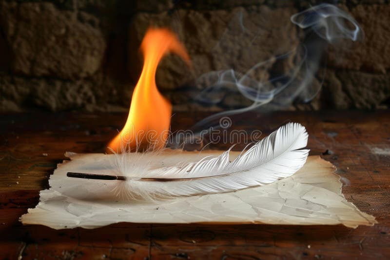 Feather and Burning Paper on Wooden Table Stock Image - Image of ...
