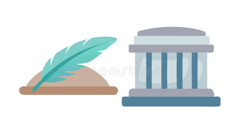 Feather and Classical Building, Wisdom, History, and Knowledge, Vector ...