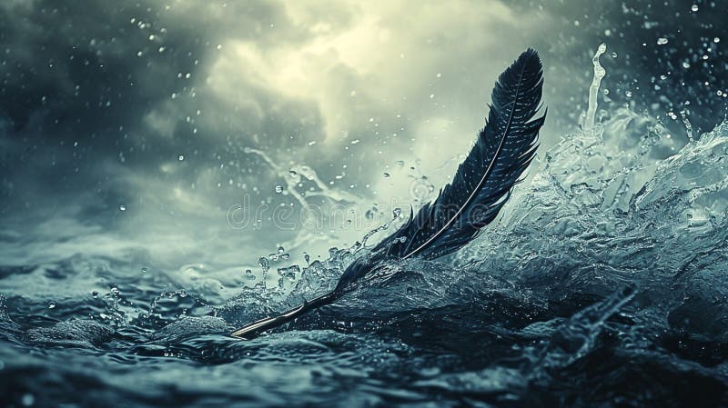 A Feather Floating in the Ocean with a Cloudy Sky Behind it Stock ...