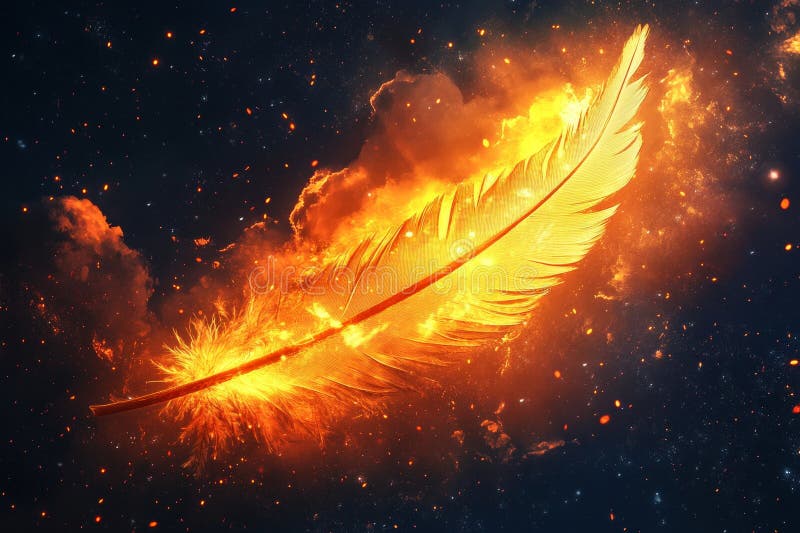 Feather is Floating in the Sky with a Fiery Glow Stock Illustration ...