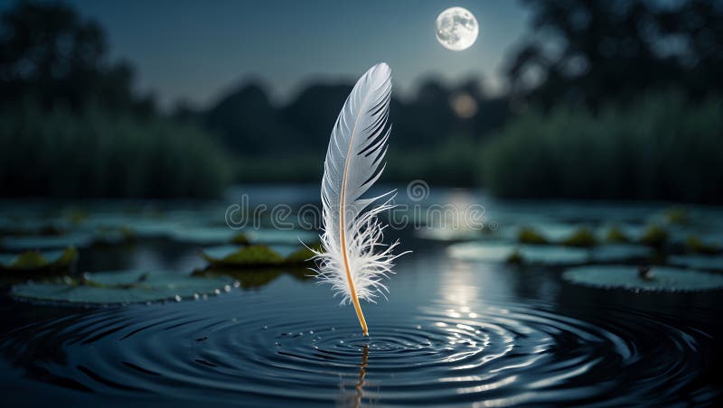 Serene White Feather Floating on Dark Water Under a Full Moon Stock ...