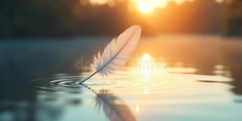 Feather Floating on Water during Sunset Creates Serene Reflections and ...