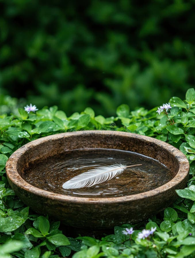 Feather Floating in a Wooden Bird Bath Stock Illustration ...