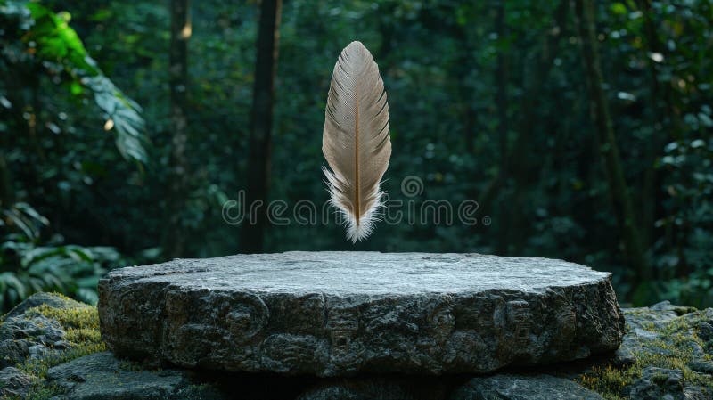A Feather Floats Above a Stone Platform in a Lush Forest. Stock ...