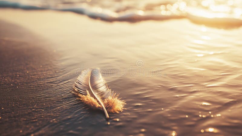 Feather Gently Lying on a Sunlit Beach Shore, Peaceful Scene ...