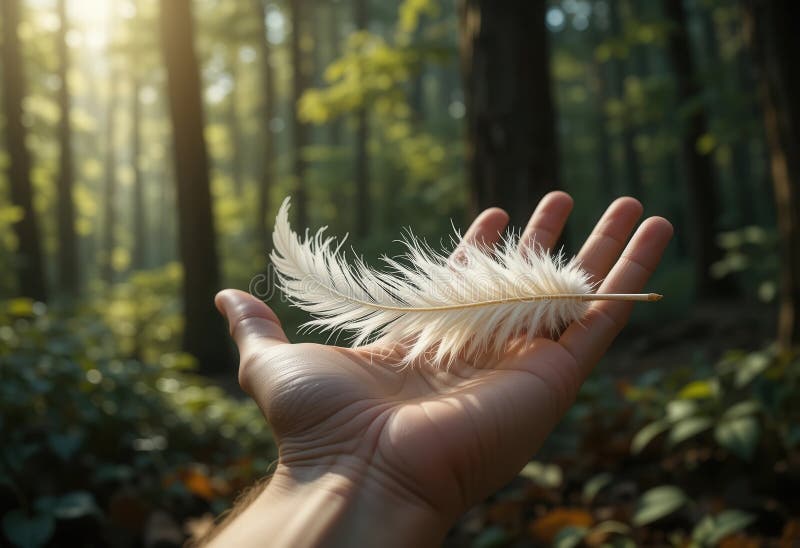 Feather Gently Resting on an Open Palm in a Sunlit Forest Stock ...