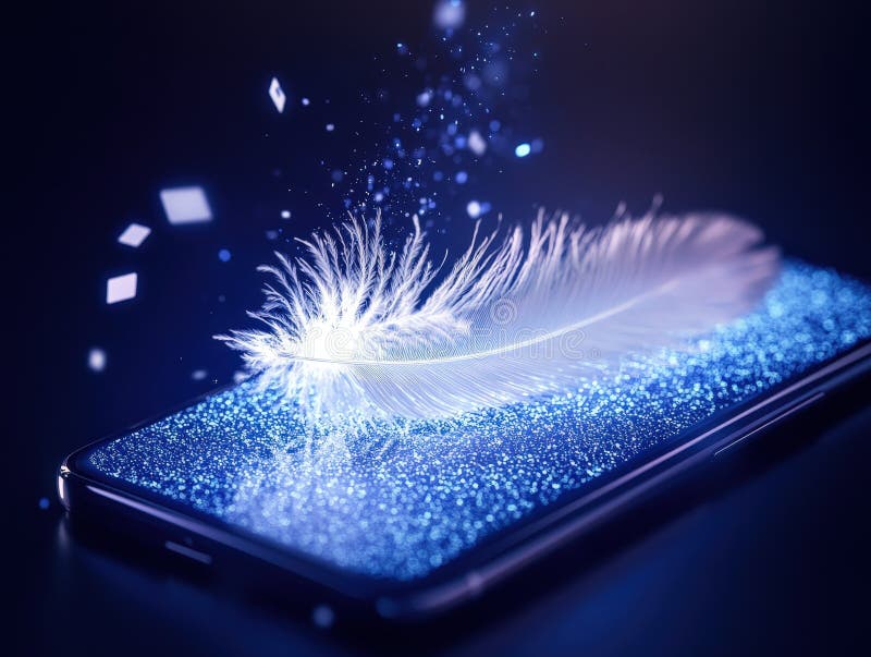 Feather on Glowing Smartphone with Digital Sparkles Stock Photo - Image ...