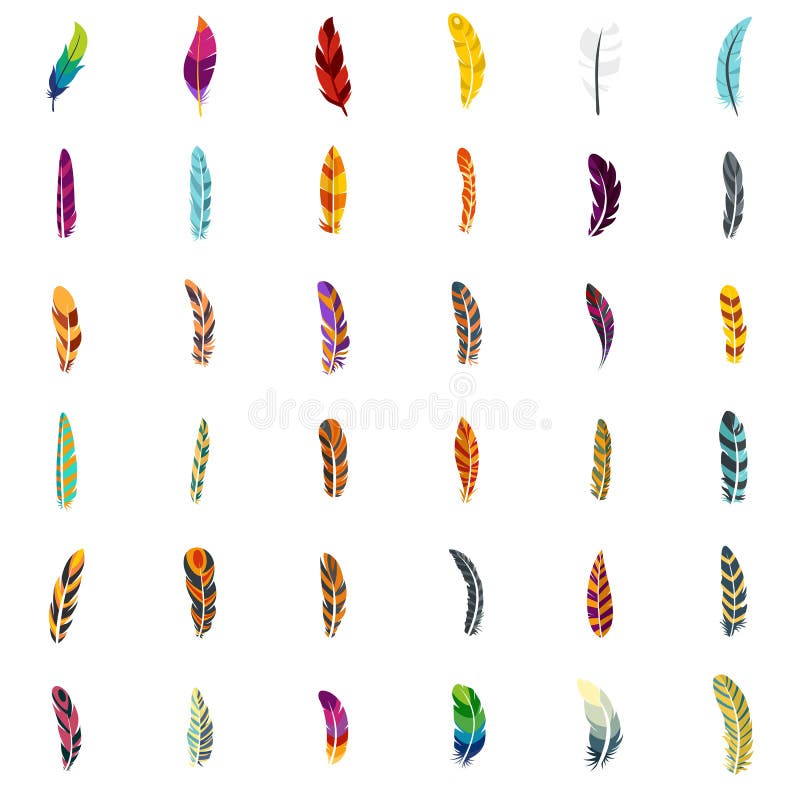 Feather Icon Set, Flat Style Stock Vector - Illustration of color ...