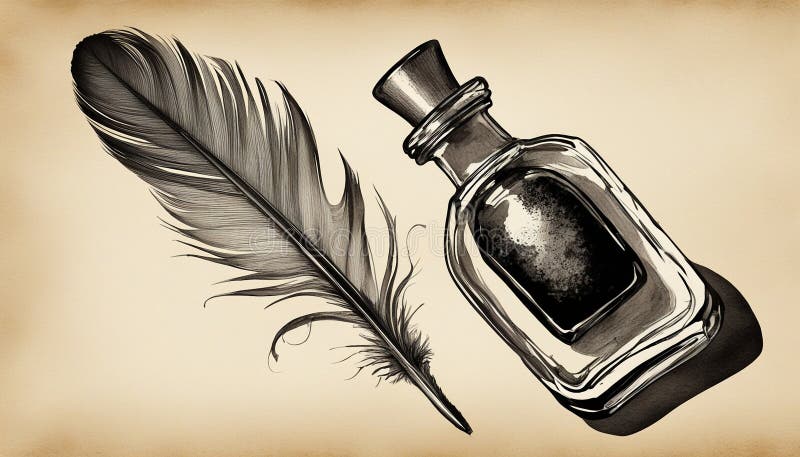 Feather and Ink Bottle Isolated on Paper Background Stock Illustration ...