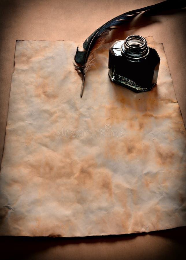 Feather and Ink Bottle with Old Paper Stock Photo - Image of brown ...
