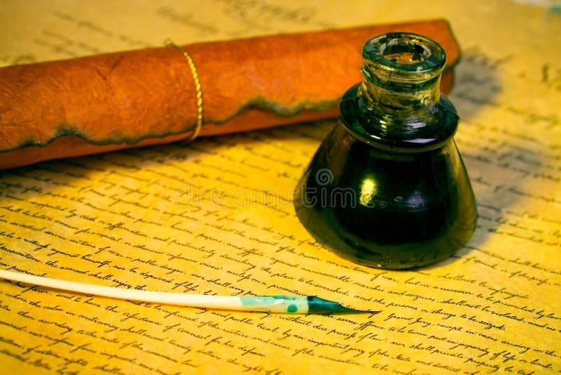 Feather , Inkwell and Paper Stock Image - Image of quill, yellow: 4404457