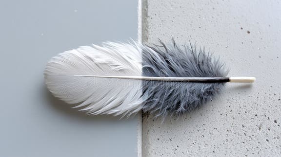 A Feather Lies on a Surface Divided between Light Gray and Darker Gray ...