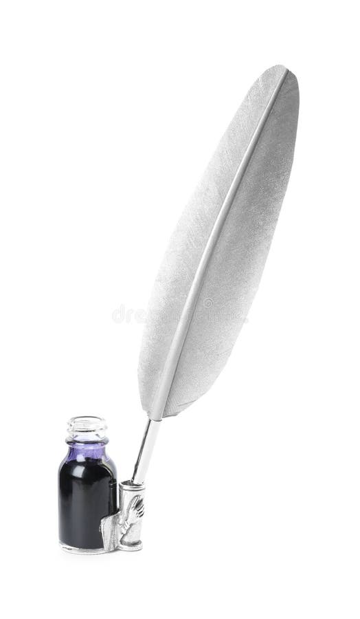 Feather Pen and Bottle of Ink on White Background Stock Photo - Image ...
