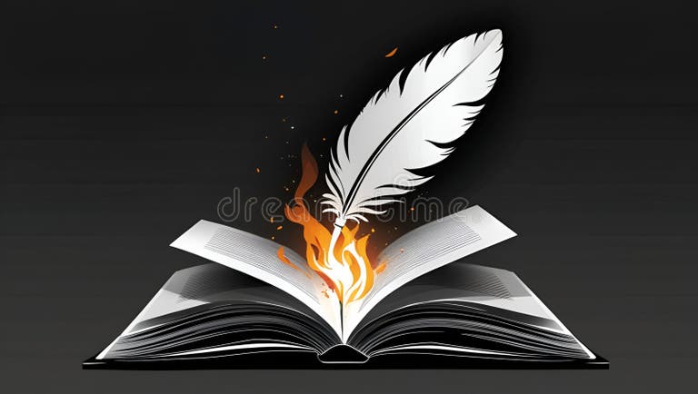 Feather Pen with Burning Book Text Book and Feather Quill Pen Abstract ...