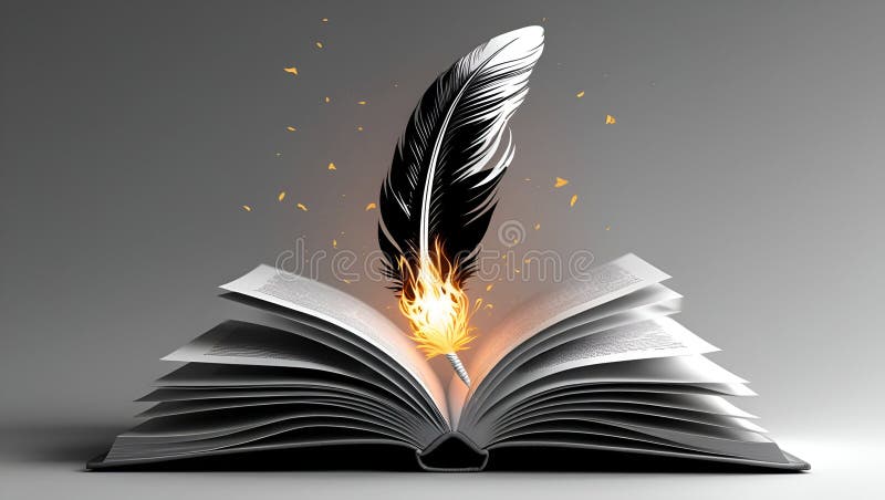 Feather Pen with Burning Book Text Book and Feather Quill Pen Abstract ...