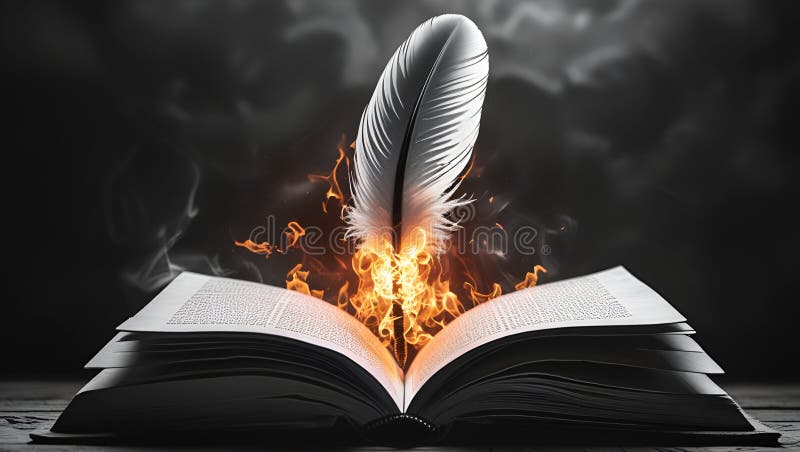 Feather Pen with Burning Book Text Book and Feather Quill Pen Abstract ...