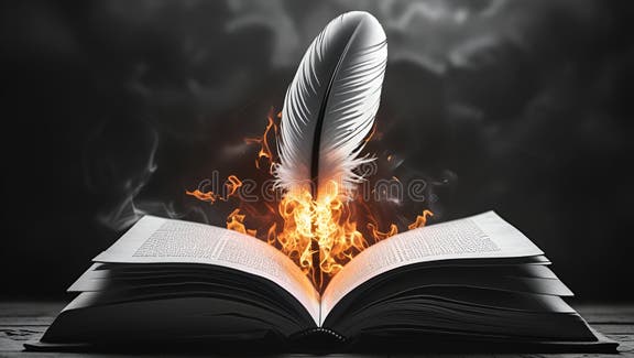 Feather Pen with Burning Book Text Book and Feather Quill Pen Abstract ...