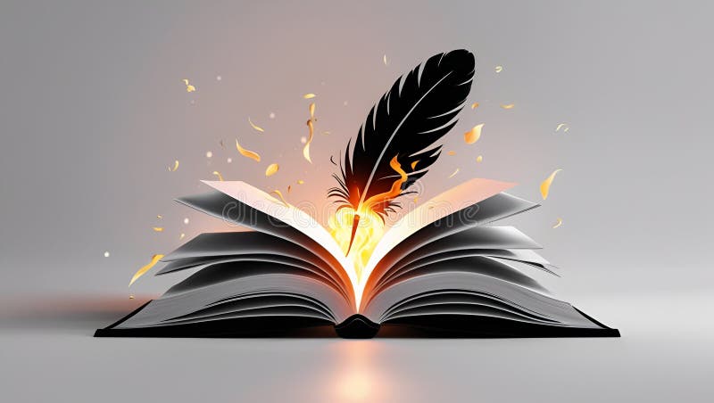 Feather Pen with Burning Book Text Book and Feather Quill Pen Abstract ...
