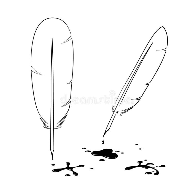 Feather and Ink Blots Isolated on White Stock Vector - Illustration of ...