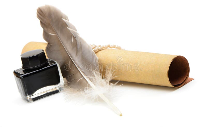 A Feather Pen, Ink,rolls Of Old Yellowed Paper Stock Photo - Image of ...