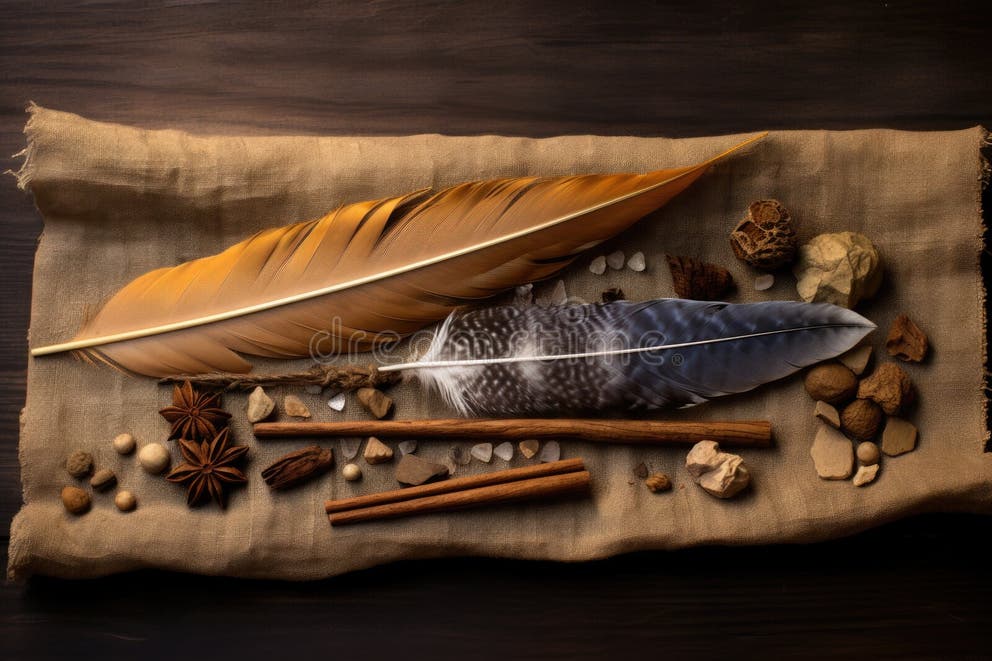 Feather, Quartz, and Cinnamon Sticks Arranged on an Aged Parchment ...