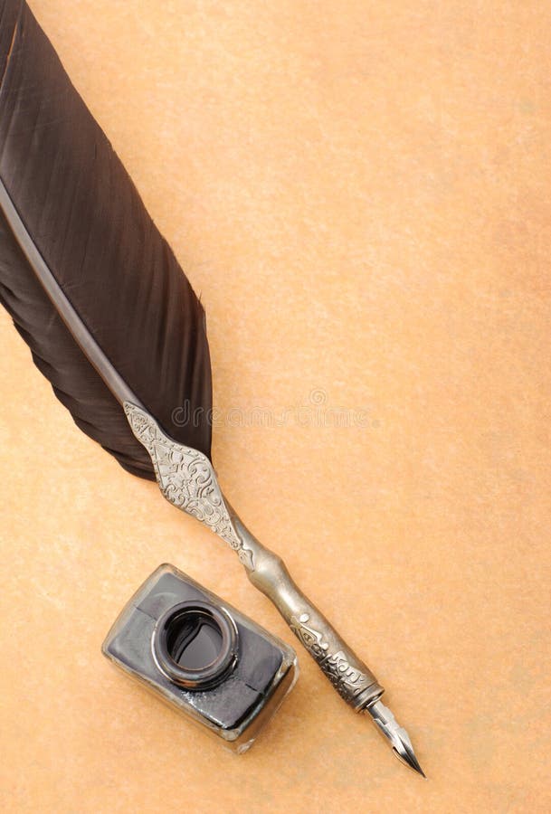 Feather Quill and Inkwell on an Old Paper Stock Image - Image of ...