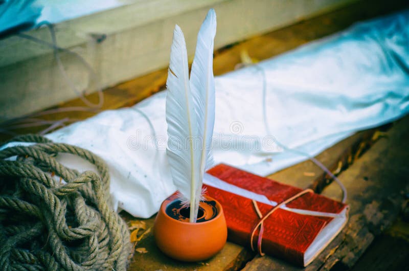 Feather Quill Pen and Old Leather Bound Note Book Stock Photo - Image ...